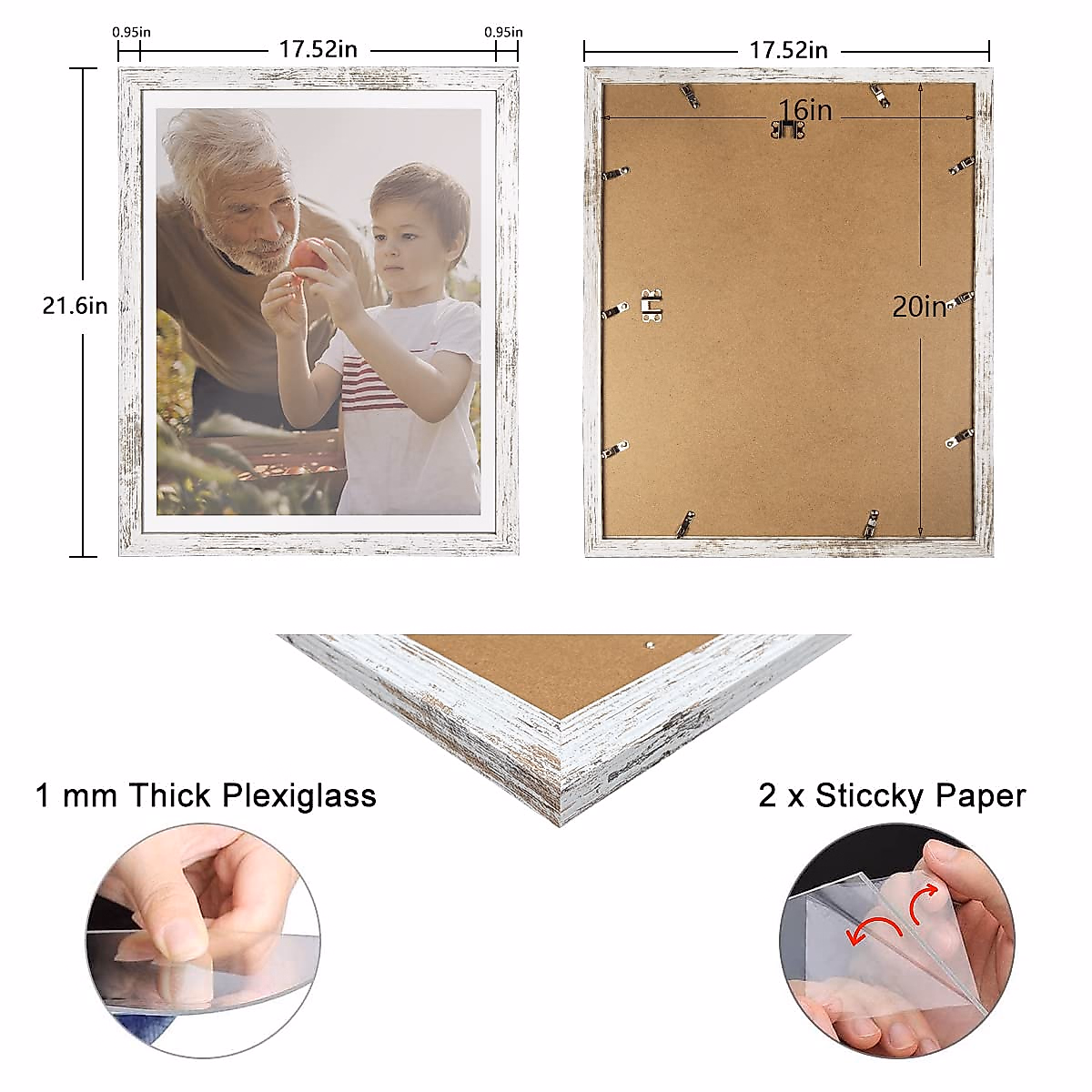 Capcillin 16x20 Picture Frame Wood Pattern Distressed White Poster Frame Set of 2, Wall Mounting,Plexiglass,Great for Prints, Mural,and Art（CP001-MD16x20RW）