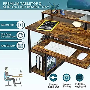 COSTWAY Computer Desk, 47’’ Home Office Table with Hutch, Book Shelves, Pull-Out Keyboard Tray, Monitor Stand, Industrial Writing Laptop Desk, for Workstation, Rustic Brown