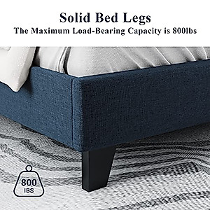 Allewie Queen Size Platform Bed Frame with Wingback/Fabric Upholstered Square Stitched Headboard and Wooden Slats/Mattress Foundation/Box Spring Optional/Easy Assembly, Navy Blue