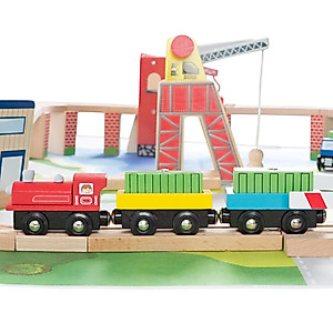 Wooden Train Set with Play Mat for Kids - Includes Deluxe Wood Tracks, Train Cars, Boats, Accessories for Boys and Girls by Hey! Play!