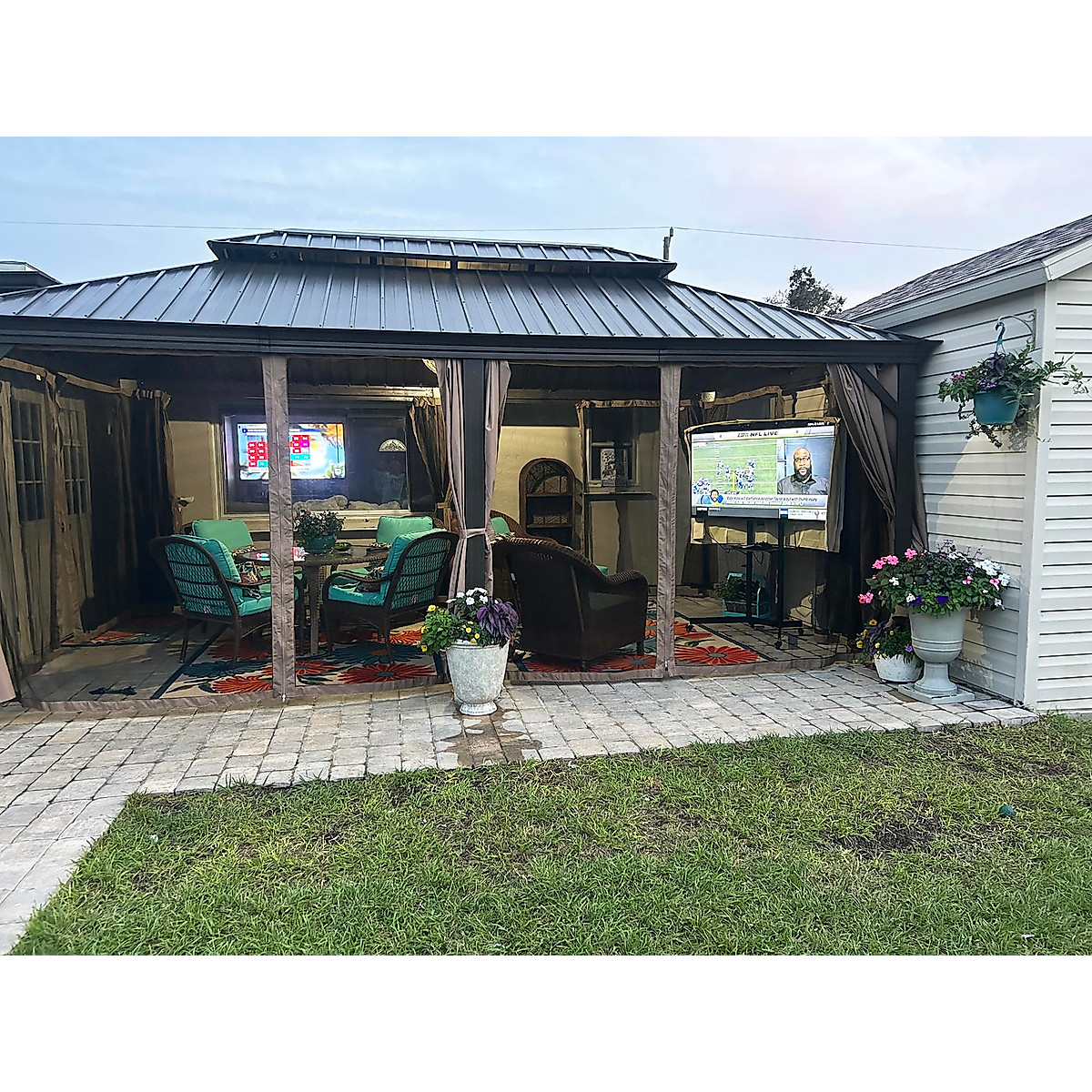 Domi Outdoor Living 12’ X 20’ Hardtop Gazebo, Outdoor Aluminum Frame Canopy with Galvanized Steel Double Roof, Outdoor Permanent Metal Pavilion with Curtains and Netting for Patio, Backyard and Lawn