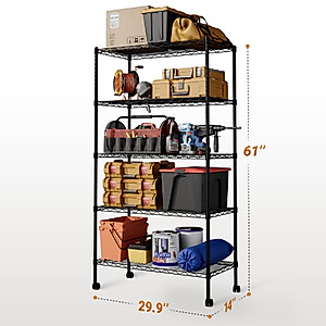 HealSmart Heavy Duty 5-Shelf Shelving Unit, 29" D x 14" W x 61" H, 5 Tier, Black
