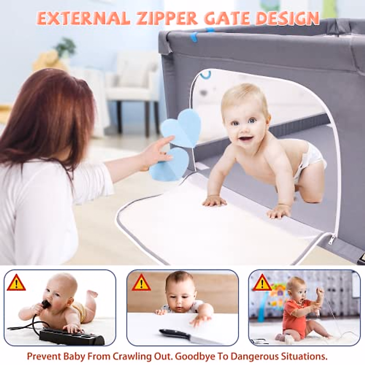 Baby Playpen - WGKLLY Playpen for Babies and Toddlers, Easy to Set Up & Clean Play Pen, Safety Baby Fence Play Yard with Zipper Door, Breathable Mesh Side, Anti-Slip Base, Carry Bag for Indoor&Outdoor