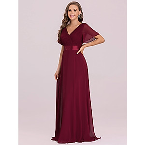 Ever-Pretty Women's Classic Chiffon Short Sleeve Pleated V-Neck Floor Length Bridesmaid Dresses Burgundy US14