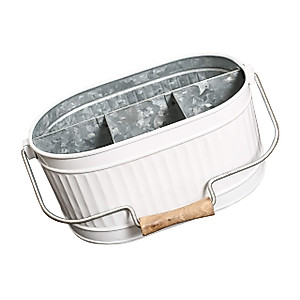 Utensil Caddy Carry-All Serveware - Galvanized Metal Organizer for Kitchen Counter - Comfortable Wooden Handle Indoor/Outdoor Storage For Flatware, Condiments, Party Cutlery, Arts - Gray/White