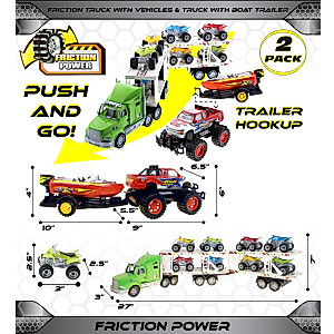 Mozlly Bundle of Friction Powered Hauler ATVs or Monster Trucks Car Carrier Playset & Monster Truck with Speed Boat Trailer Transport Toys - Push & Go