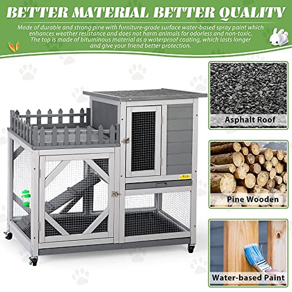 COZIWOW Rabbit Hutch with Balcony,Large Rabbit Cage Bunny Cage on Wheels,Guinea Pig Coop for Indoor Outdoor, Ramp, Pull-Out Tray, Water Bottle, Gray