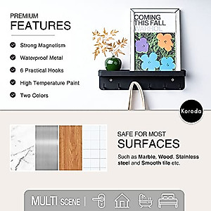 koroda Magnetic Key Holder for Wall: Self Adhesive Key Rack with Small Shelf and 6 Metal Hooks - Wall Mount Mail Organizer with Hanger for Door Entryway Hallway and Office ( Modern Black )