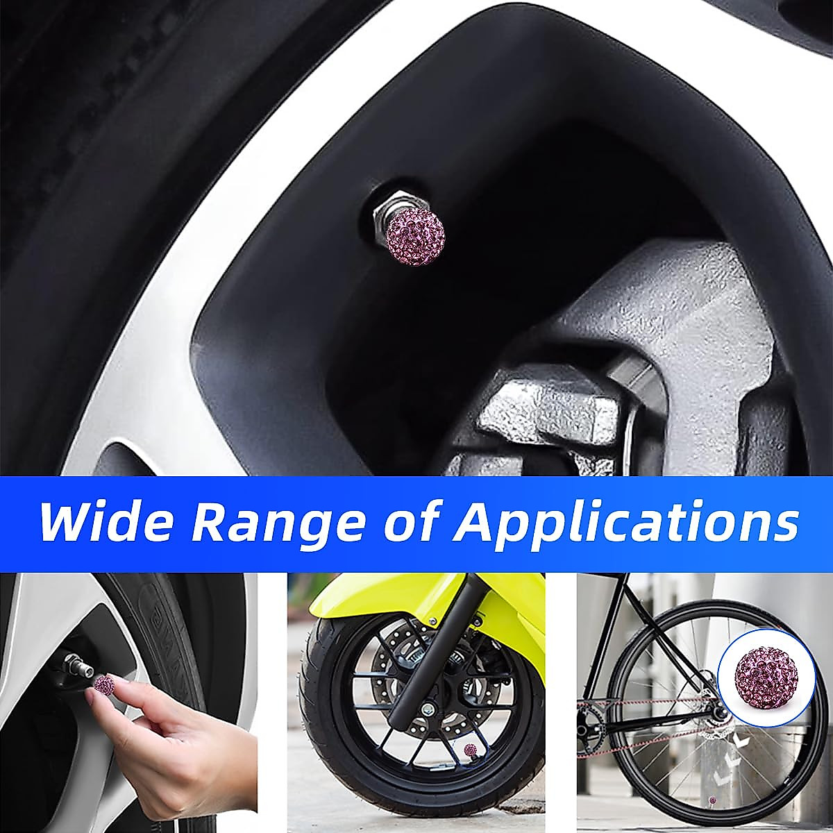 Kewucn 4 PCS Car Tire Valve Stem Caps, Handmade Dustproof Crystal Rhinestone Auto Stem Air Cap Cover, Attractive Vehicle Exterior Accessories, Universal for Car Truck Motorcycle Bike (Light Purple)