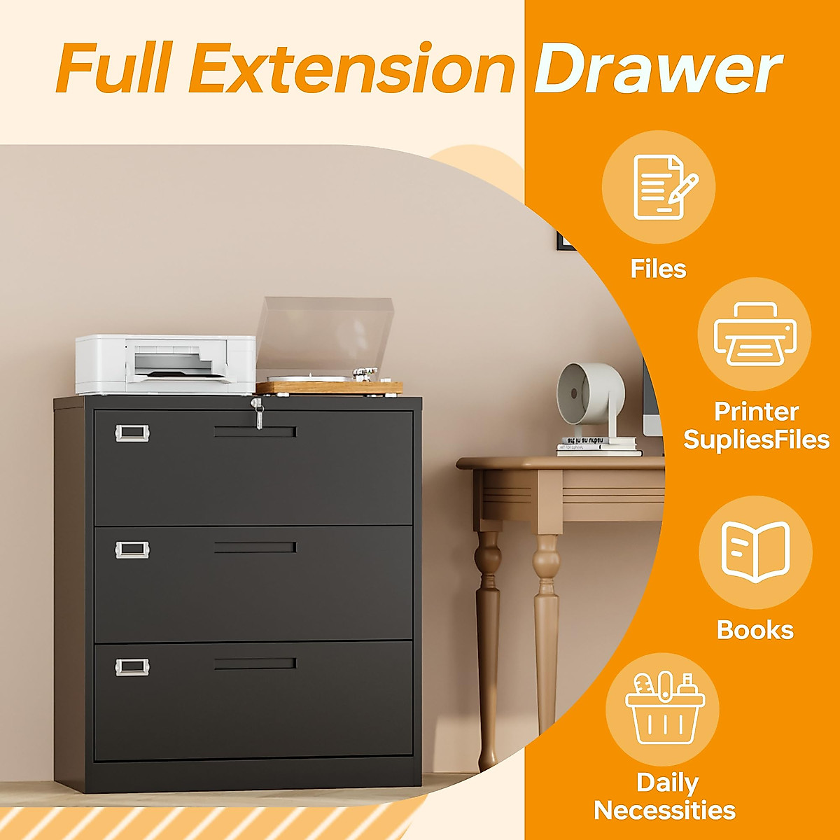 STANI Lateral File Cabinet with Lock, 3 Drawer Metal Filing Cabinet, Lateral Filing Cabinet with Lock for Home Office, Locking Metal Steel Wide File Cabinet for Legal/Letter A4 Size