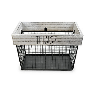 Rae Dunn Things Wire Storage Basket – Metal and Solid White Wash Wood Organizer – Decorative Storage Bin – Home & Office Organizers for Desk, Bedroom, Living Room, Closet and More