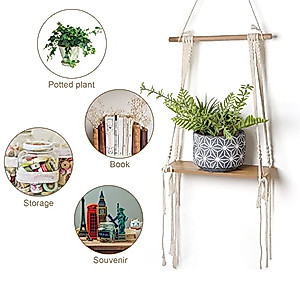 CIOUYAOS Boho Wall Shelf Decor, Macrame Wall Hanging Shelves, Minimalist Art Aesthetic Wooden Shelf for Farmhouse Bedroom Home Dining Living Room Window Bathroom Nursery Plants (Quadrangle)