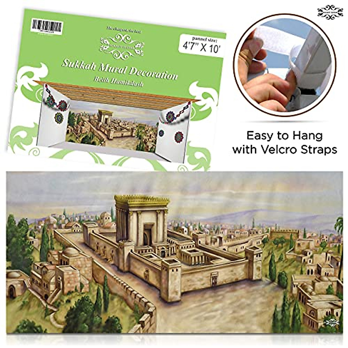 SUKKOT HADAR Sukkah Decoration: 4.7X10 Foot Vibrant Jewish Hanging Nylon Fabric Canvas Wall Banner, Hiddur Mitzvah Artwork with Bag (Temple Fabric)