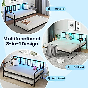 Giantex Twin Daybed with Trundle, Metal Day Bed with Charging Station & LED Lights, Sofa Bed Frame with Pop up Trundle, Metal Slats Support, Trundle Bed Twin for Living Room, Guest Room, Black