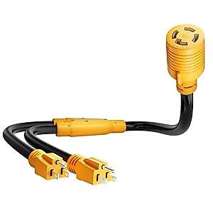 MECMO 2X 5-15P Male Plug to L14-30R 4-Prong Generator Twist Lock Female Receptacle Y Adapter Cord, 3Ft Generator Distribution Cord, 10 AWG STW 4 Prong Twisit Locking Generator Outlet 30Amp 125V / 250V