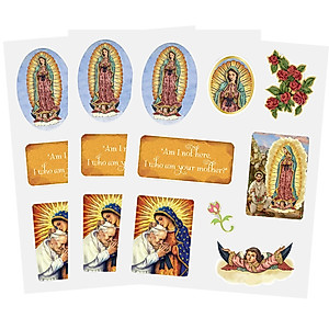 Assorted Catholic Decal Sticker Sheet Pack, Our Lady of Guadalupe, Novelty Religious Stickers Sunday Schools, Scrapbooking, Journaling, Church Giveaways, and More, 3 Sheets Included, Multi