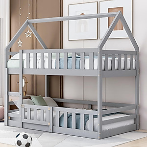 Favfurish Twin Over Twin House Bunk Bed with Fence and Door,Solid Wood Down Bed Frame,w/Sky Roof & Safety Guardrail,No Box Spring Needed,for Kids, Teens, Girls, Boys,Grey