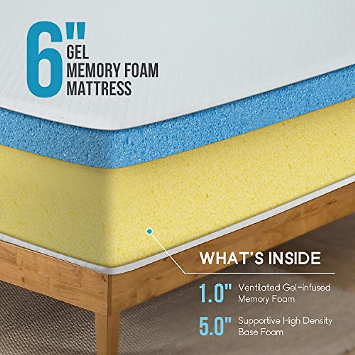 PayLessHere 6 Inch Queen Gel Memory Foam Mattress Fiberglass Free/CertiPUR-US Certified/Bed-in-a-Box/Cool Sleep & Comfy Support