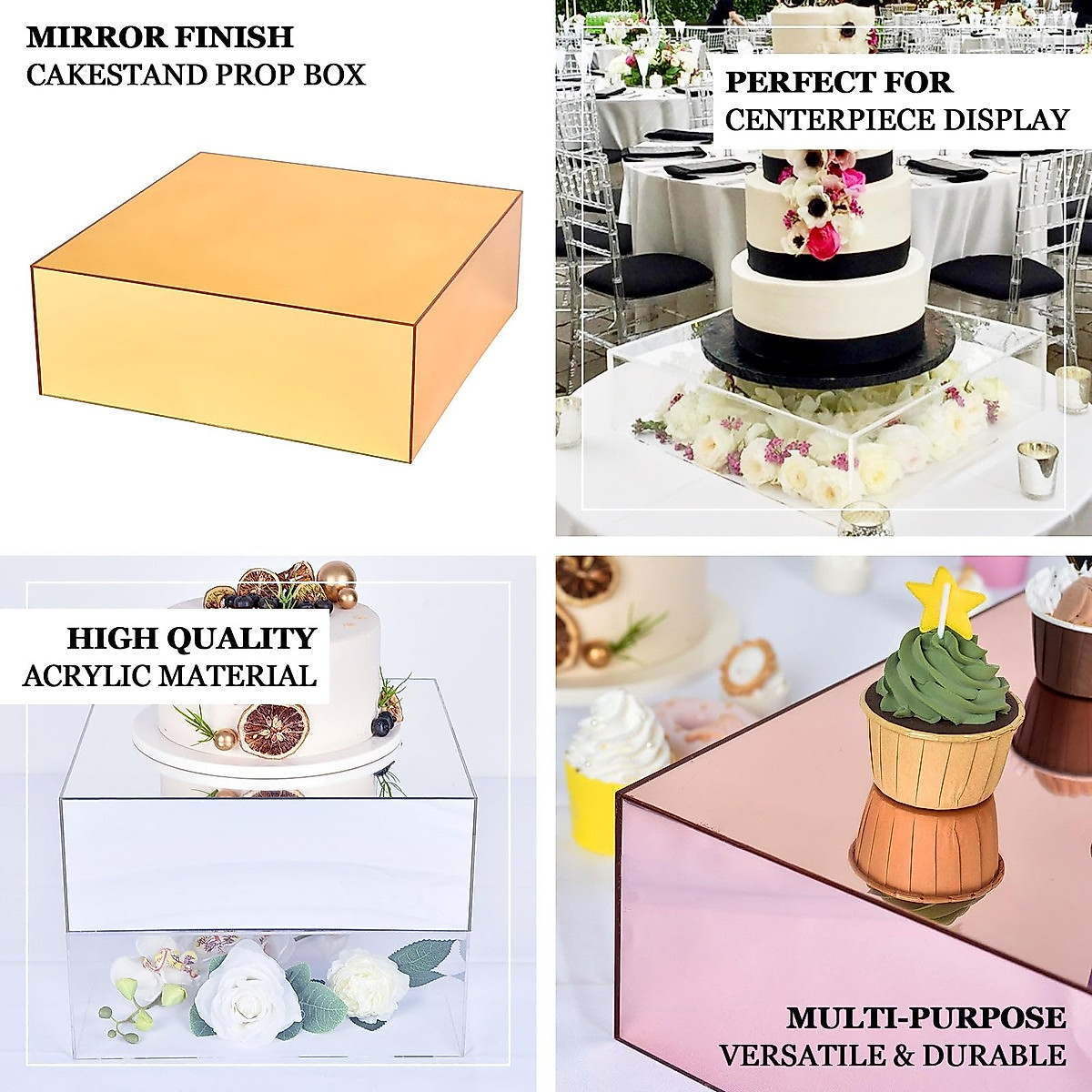 Efavormart 14"x14" | Silver Acrylic Cake Box Stand, Mirror Finish Display Box Pedestal Riser with Hollow Bottom