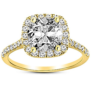 Houston Diamond District 14K Yellow Gold 3 Carat LAB GROWN DIAMOND Halo Cushion Cut Diamond Engagement Ring (G-H Color VS1-VS2 Clarity 2.5 Ct Center) Size 9