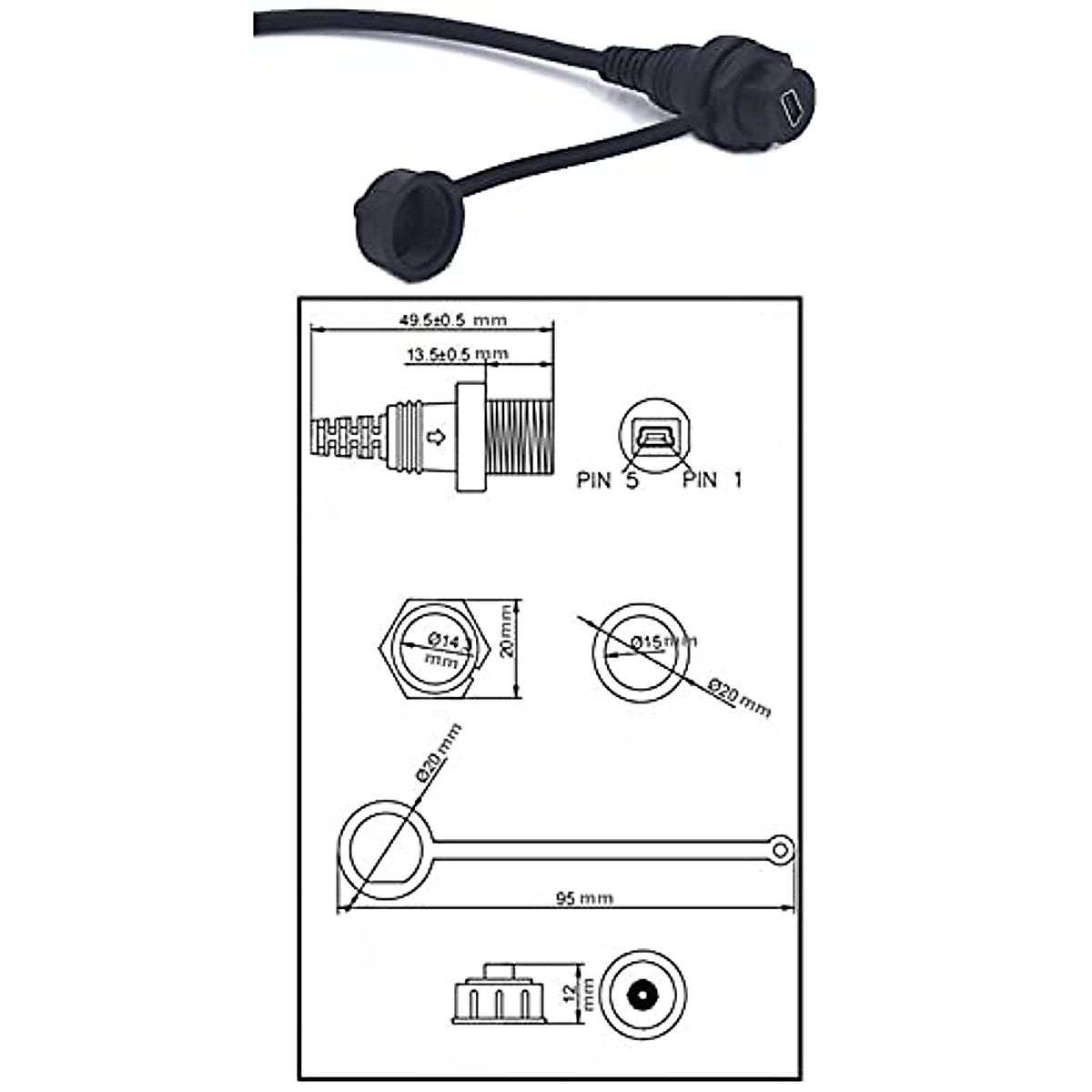 Kework Mini USB 5 Pin Mount, 0.3 Meter Mini USB Male to Female Flush Mount Panel Mount Extension AUX Cable for Car Truck Boat Motorcycle Dashboard, Sync Charging and Data Transferring