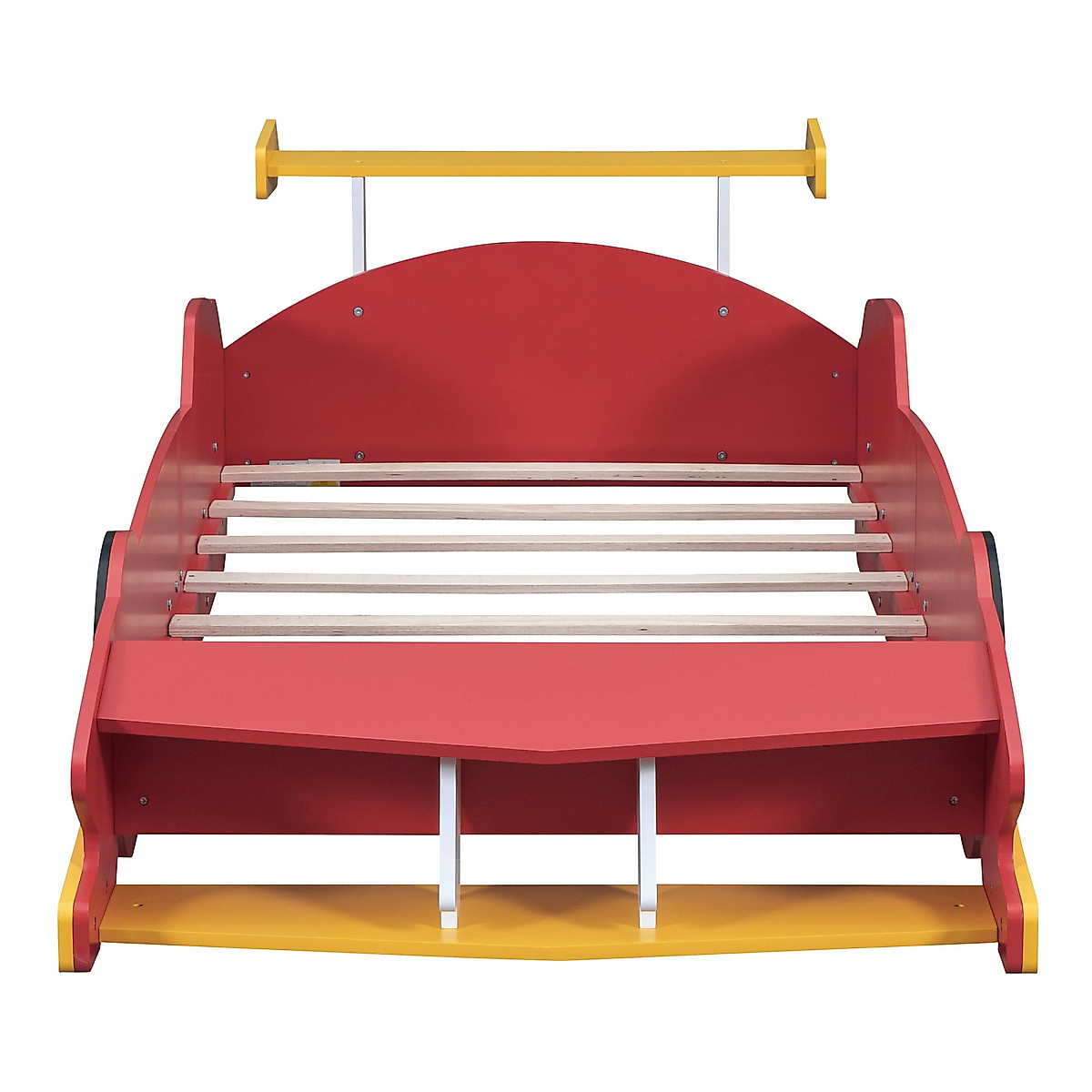 Linique Twin Size Race Car-Shaped Platform Bed with Wheels and Storage, Wood Twin Bed Frame No Box Spring Required, Red