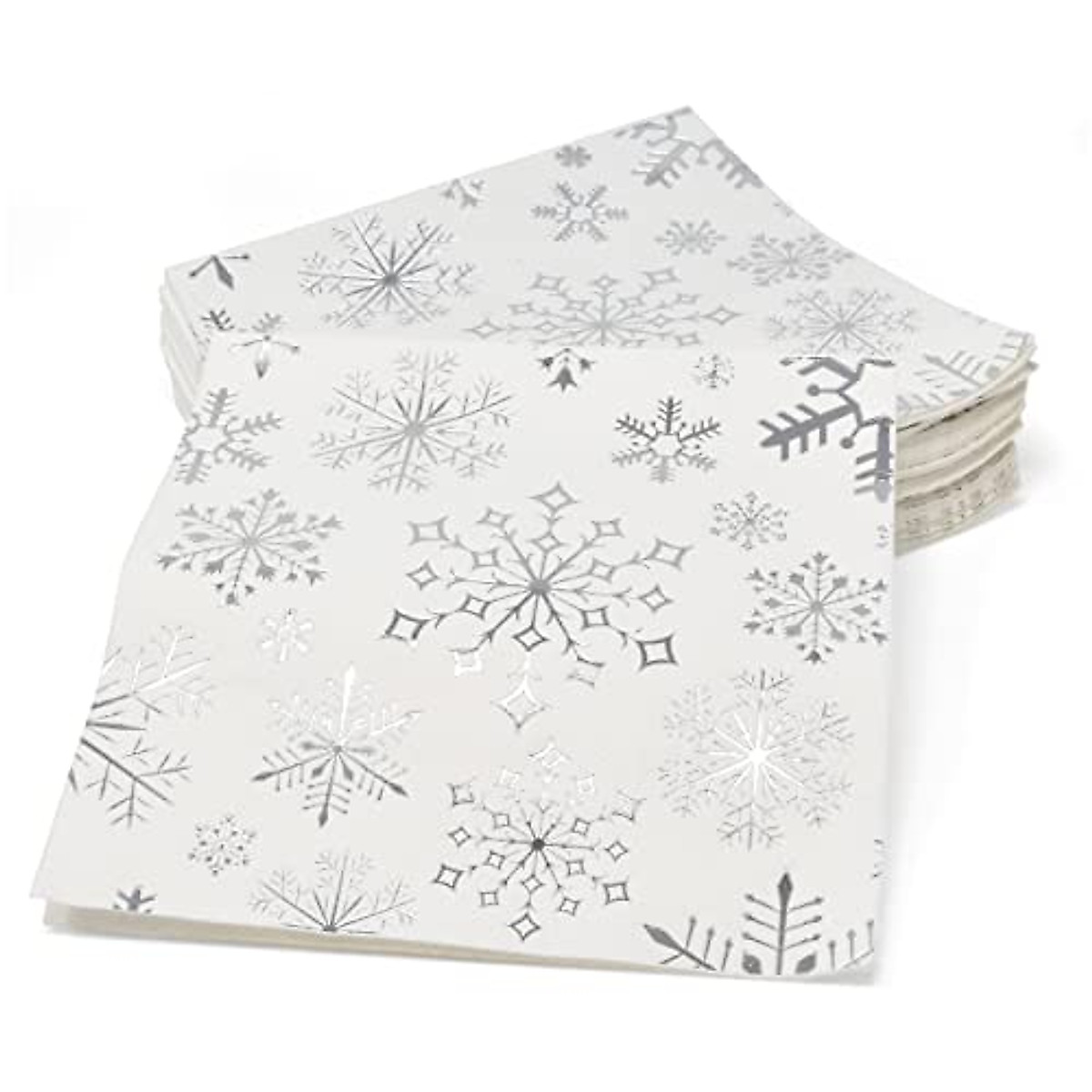 100 Christmas Snowflake Cocktail Beverage Napkins Holiday Disposable Paper Napkin Silver White Snowflakes Dessert Napkins for Home Dinner Buffet Xmas Decorative Tableware Party Supplies Decorations