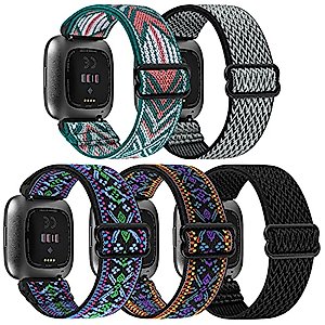 MHunter 5-Packs Elastic Bands Compatible with Fitbit Versa 2/ Versa/ Fitbit Versa Lite, Adjustable Nylon Replacement Straps Wristband for Fitbit Versa Smart Watch for Women and Men B/G/GrArr/At P/At G