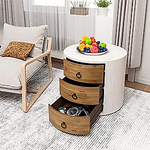 HOMPUS 3 Drawer Chest of Drawers, Round Storage Cabinet, Retro Large Nightstand, Vintage Wood Bedside Table End Table with Drawers for Bedroom Living Room, White