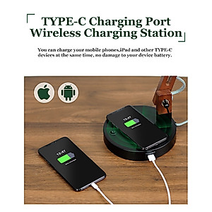 ELYONA LED Sapele Wood Desk Lamp with Upgraded Wireless Charger & USB C Charging Port Modern Table Lamp Swing Arm Bedside Reading Task Light for Dorm Office Bedroom Living Room Bulb Included Black