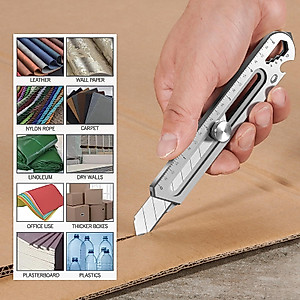 BECOWIN 7-In-1 Mutipurpose Utility Knife, Stainless Steel Retractable Box Cutter, Heavy Duty Snap off Cutter Knife with 10PC 18MM SK5 Blades, Safety Lock Design