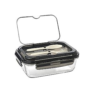 Delight King Lunch-to-Go Glass Baking and Storage Container with Fork and Spoon Compartment Lid, Black