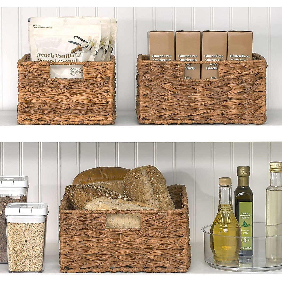 Home Fresh 3 Pack plastic Woven Farmhouse Kitchen Pantry Food Storage Organizer Basket Box - Container Organization for Cabinets, Cupboards, Shelves, Store PotatoesOnions,Countertops, Fruit, Brown