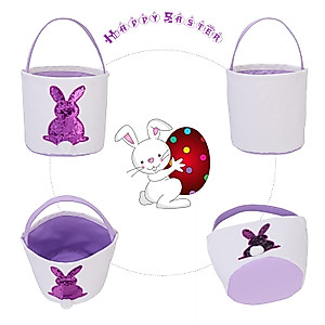 Zhuqing Easter Bunny Basket Bags, 2 Pack Bunny Bags with Fluffy Tail for Kids Boys Girls, Carrying Gift and Easter Eggs Hunt Bag, Printed Rabbit Canvas Toys Bucket Tote (Pink & Purple)