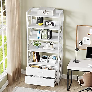 Tribesigns Bookshelf with Drawers, 70.8" Industrial Bookcase with 2 Drawers, 5 Shelf Open Shelf for Storage, Wood Book Shelf for Living Room, Bedroom, Home, Office (1, White)