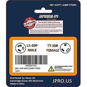Journeyman-Pro RV Power Cord Adapter 125/250 VAC 30 Amp Male to Female TT-30/L5-30/L14-30 - 3 to 4 Prong Generator Electrical Plug Converter (L5-30P MALE to TT-30R FEMALE)