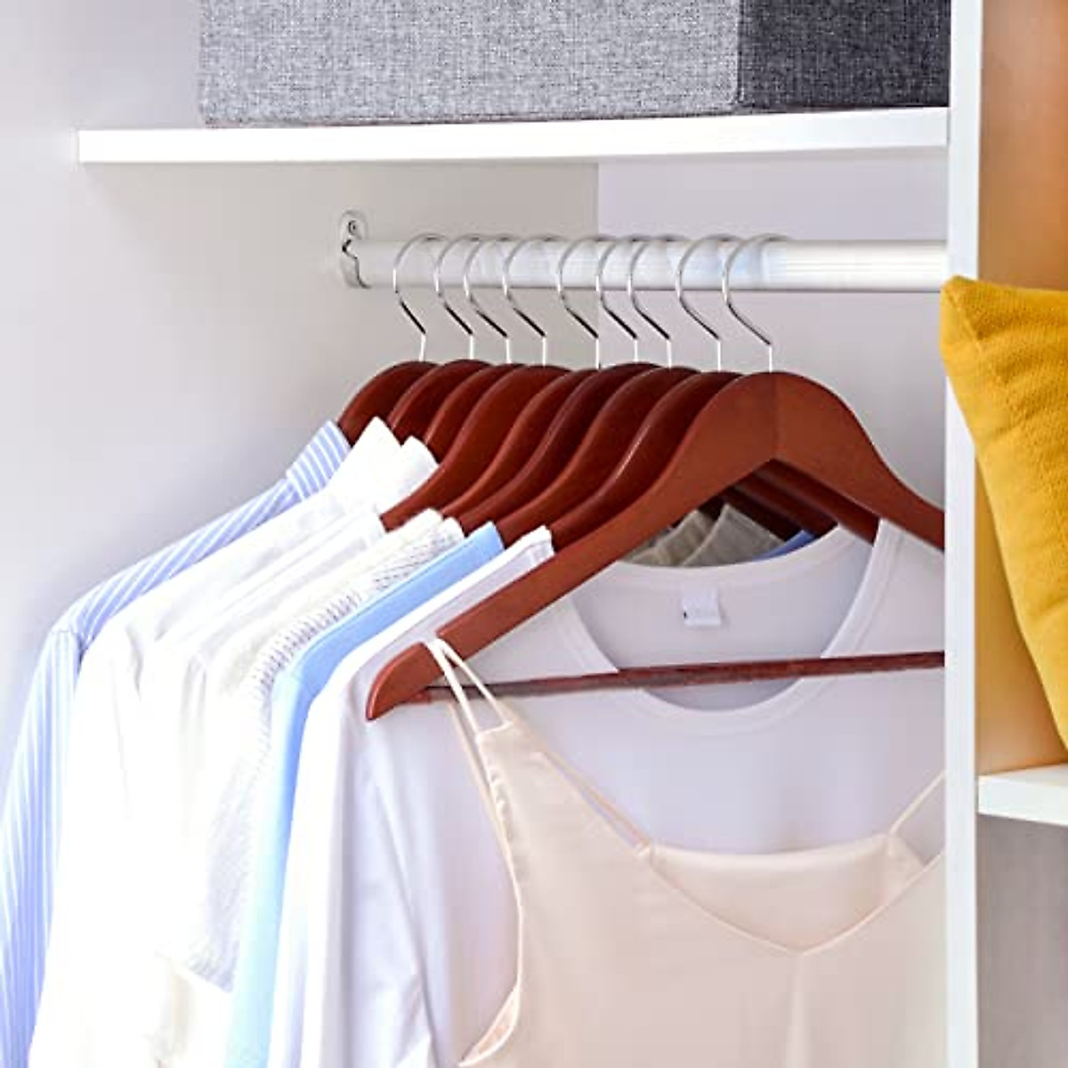 Nature Smile Wooden Suit Hangers 20 Pack Premium Solid Wood Coat Clothes Hangers with Non Slip Bar - Smooth Finish with 360° Swivel Hook and Smooth Notches for Camisole Jacket Pant Dress Cherry Color