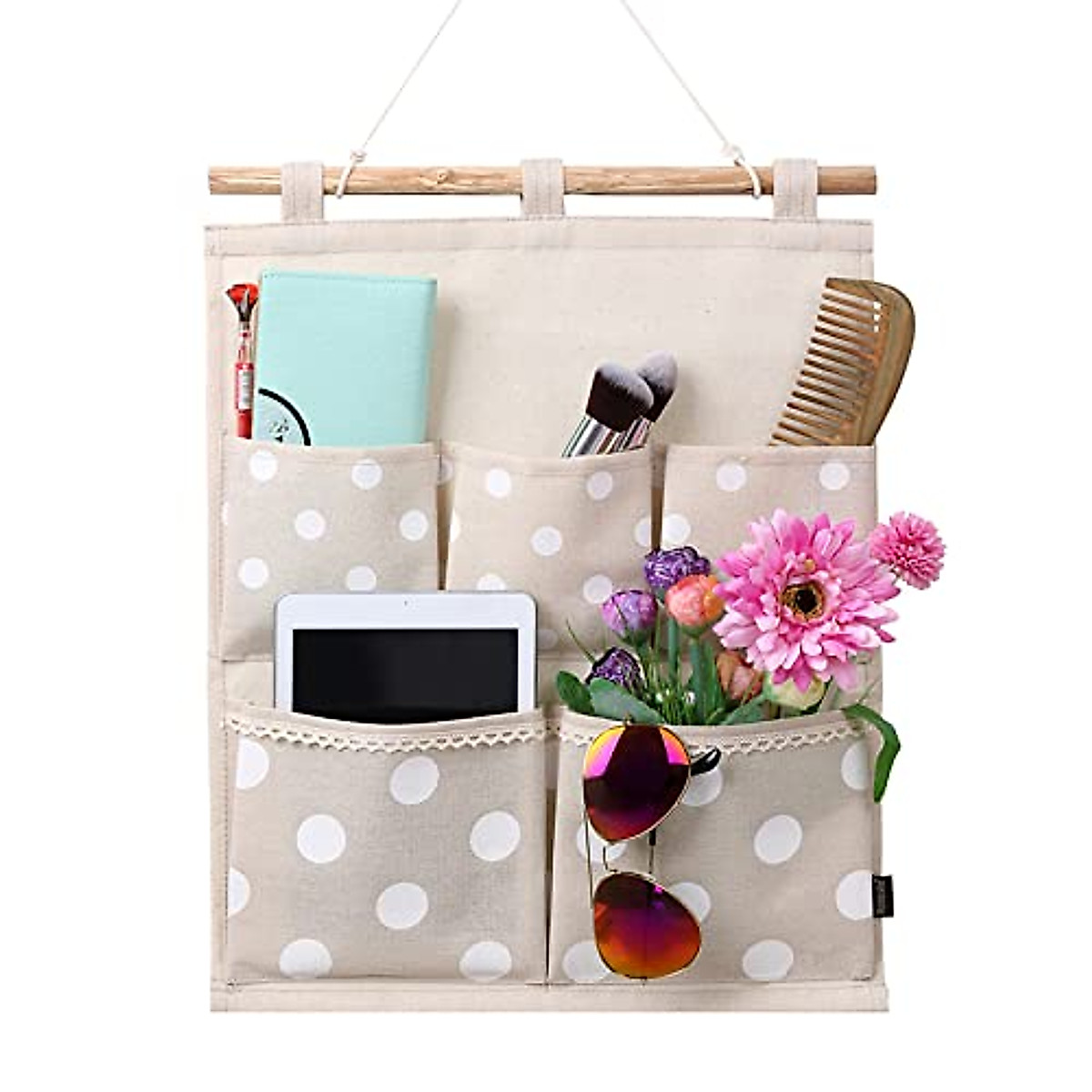 Homecube Linen Cotton Fabric Wall Door Cloth Hanging Storage Bag Case 5 Pocket Home Organizer (White Polka Dots)