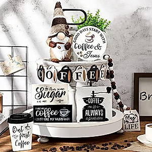 13 Pieces Coffee Bar Tiered Tray Decor Signs Set Coffee Plush Gnome Coffee Bar Wooden Signs Coffee Flag Wooden Bead Garland Decoration for Coffee Bar Coffee Station Shelf Mantel