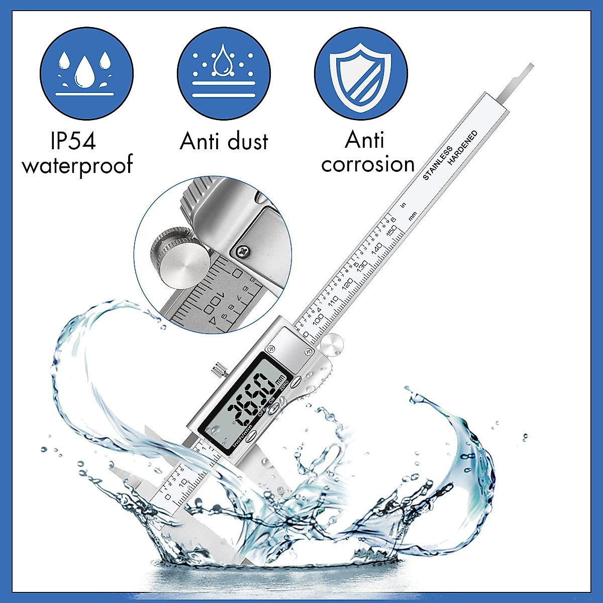 Simhevn Digital Caliper Measuring Tool, Stainless Steel Vernier Caliper Digital Micrometer with Large LCD Screen, Easy Switch from Inch Metric Fraction, 6 Inch/150mm Caliper Tool for DIY/Household