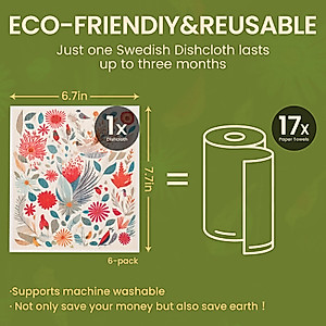 Yelasenari Swedish Dishcloths for Kitchen Reusable 6 Pack Kitchen Towels No Odor Quick-Drying Papaya Reusable Paper Towels Reusable Paper Towels Washable for Countertop Sink Kitchen Flower Bird