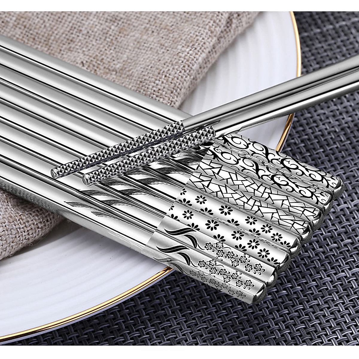 Metal Chopsticks 18/10 Stainless Steel Reusable Chopsticks Cute Laser Engraved Non-slip Korean Japanese Chinese Chopsticks,18/10 Stainless steel Dishwasher Safe for Cooking Eating 9 1/4 Inches 5 Pairs