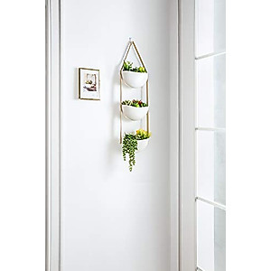Mkono Ceramic Wall Planter 3 Tier Hanging Succulent Herb Planter for Indoor Plants, 7 Inch Half Moon Flower Pot with Leather Strap Modern Vertical Garden for Air Plants Live or Faux Plants Home Decor