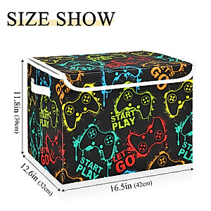 Sletend Gamer Gaming Gamepad Pattern Lidded Home Storage Bins Closet Storage Bins, Foldable Oxford Fabric Storage Box for Home Bedroom Closet Office (16.5x12.6x11.8 in)