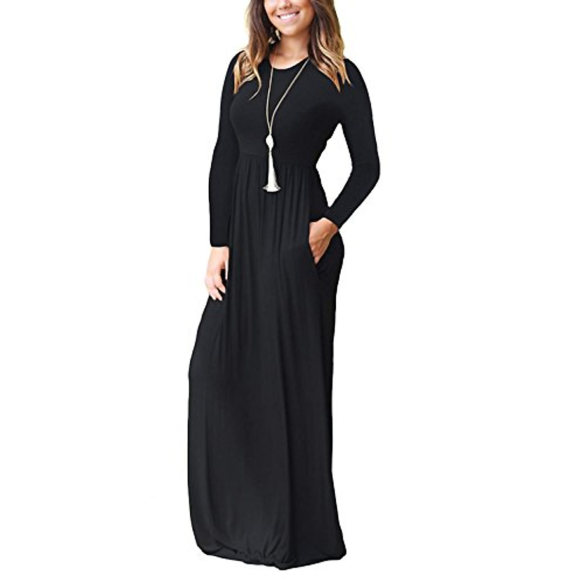 PCEAIIH Women Long Sleeve Loose Plain Maxi Dresses Casual Long Dresses with Pockets Black X-Large