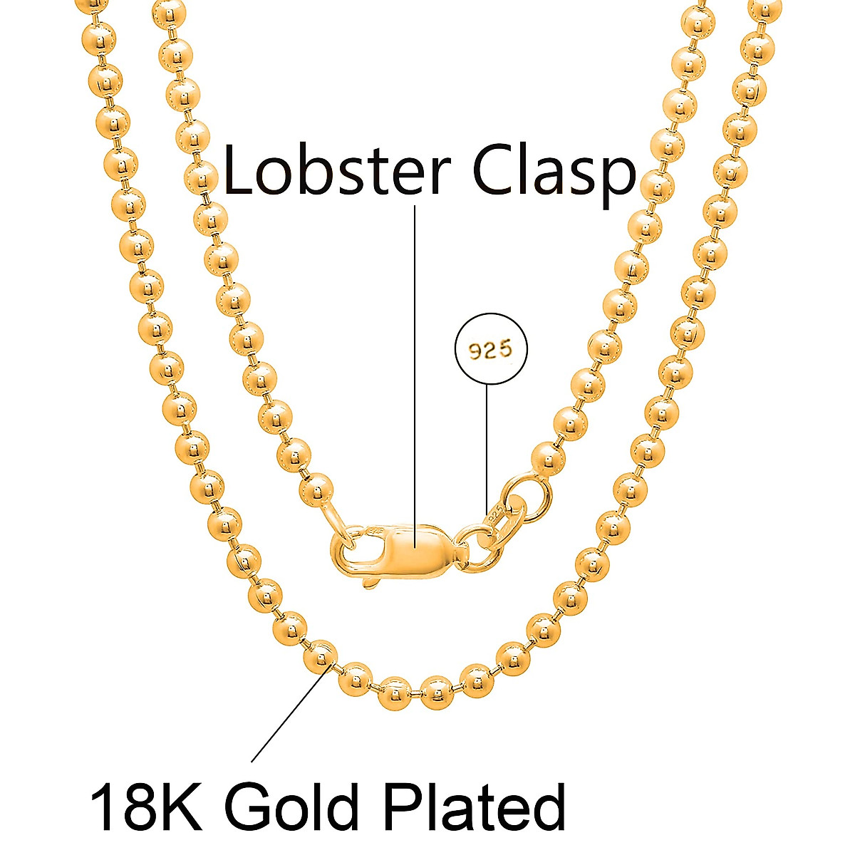 925 Sterling Silver Italian Solid Bead Ball Dog Tag Chain Necklace -18K Gold Plated Bead Ball Chain Necklace Comes with Gift Box for Women & Men -Made in Italy (18, 3.0mm)