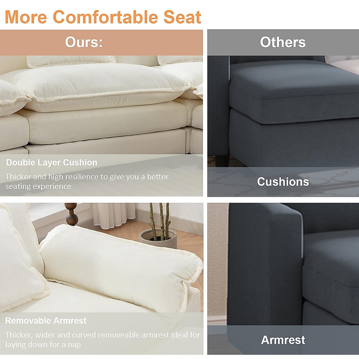 IPKIG 82.6" Sectional Sofa Cloud Couch, Modern Chenille Comfy Upholstered Modular Sofa with Ottoman, 2 Lumbar Pillow, Deep Seat Sofa Sleeper for Living Room, Apartment, Office, Studio (White)