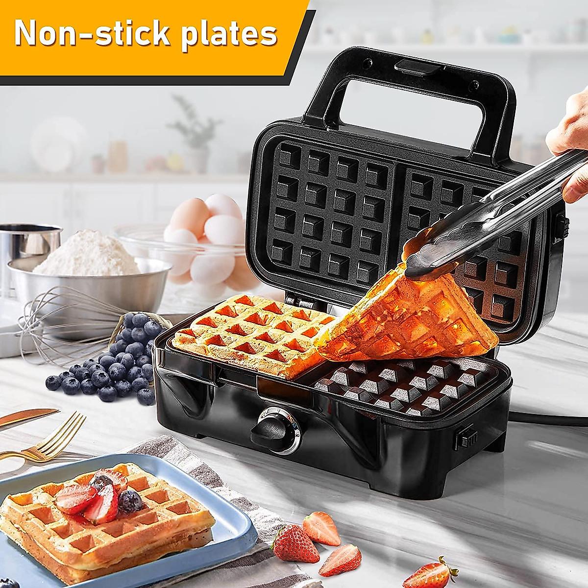 Metine Waffle Makers, 3-in-1 Waffle Iron Panini Press Sandwich Maker with Removable Plates, 5-gears Temperature Control Non Stick Coating Cool Touch Handle Anti-skid Feet for Breakfast 1200W 120V