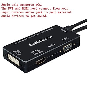 CableDeconn Multiport 4-in-1 HDMI to HDMI DVI 4K VGA Adapter Cable with Audio Output Adapter Converter (Black)