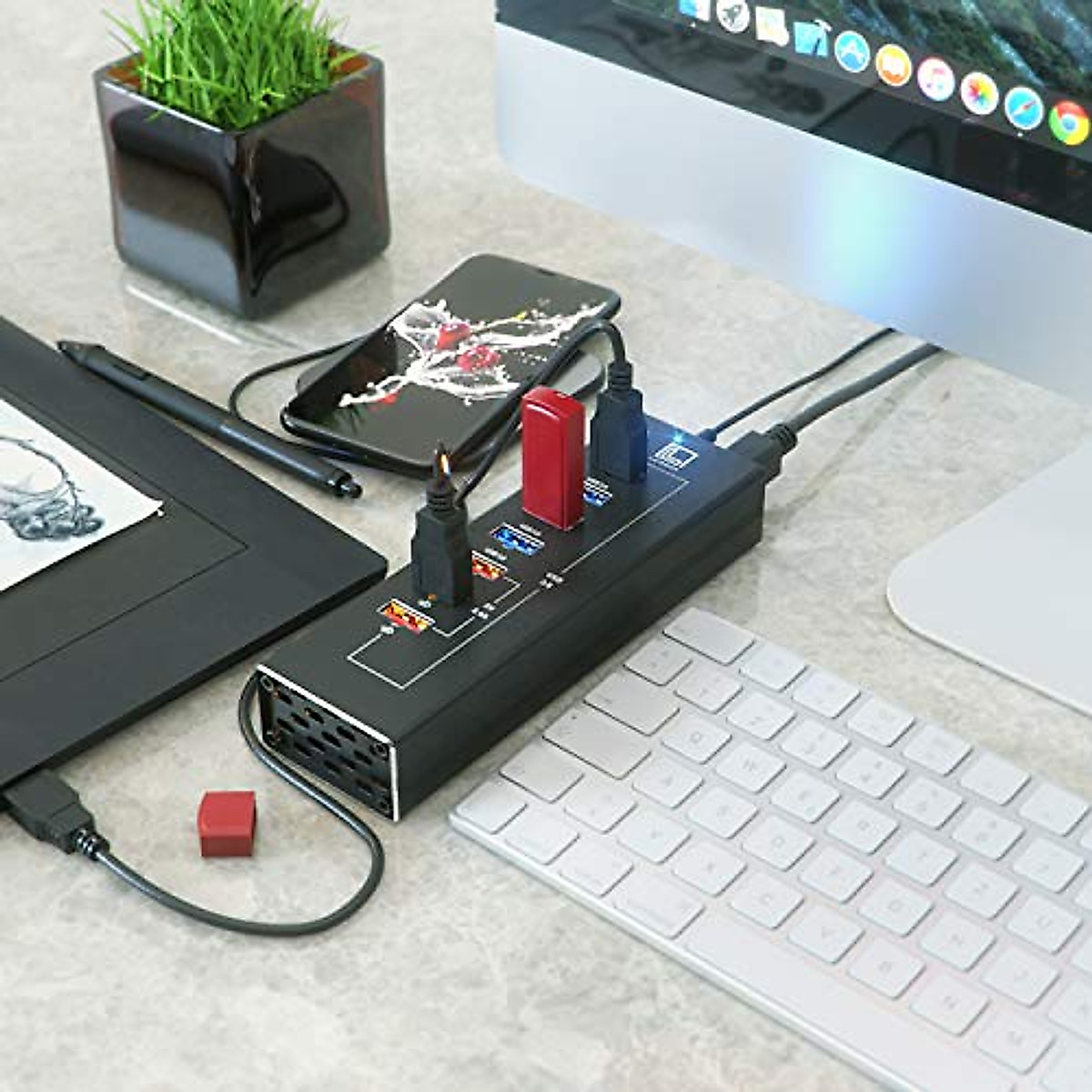 LATORICE Powered USB Hub - Multi-Port USB Hub with 7 USB 3.0 Ports, 3 Fast Charging USB 3 0 Ports, with Cords C and A, Power USB HUB Adapter